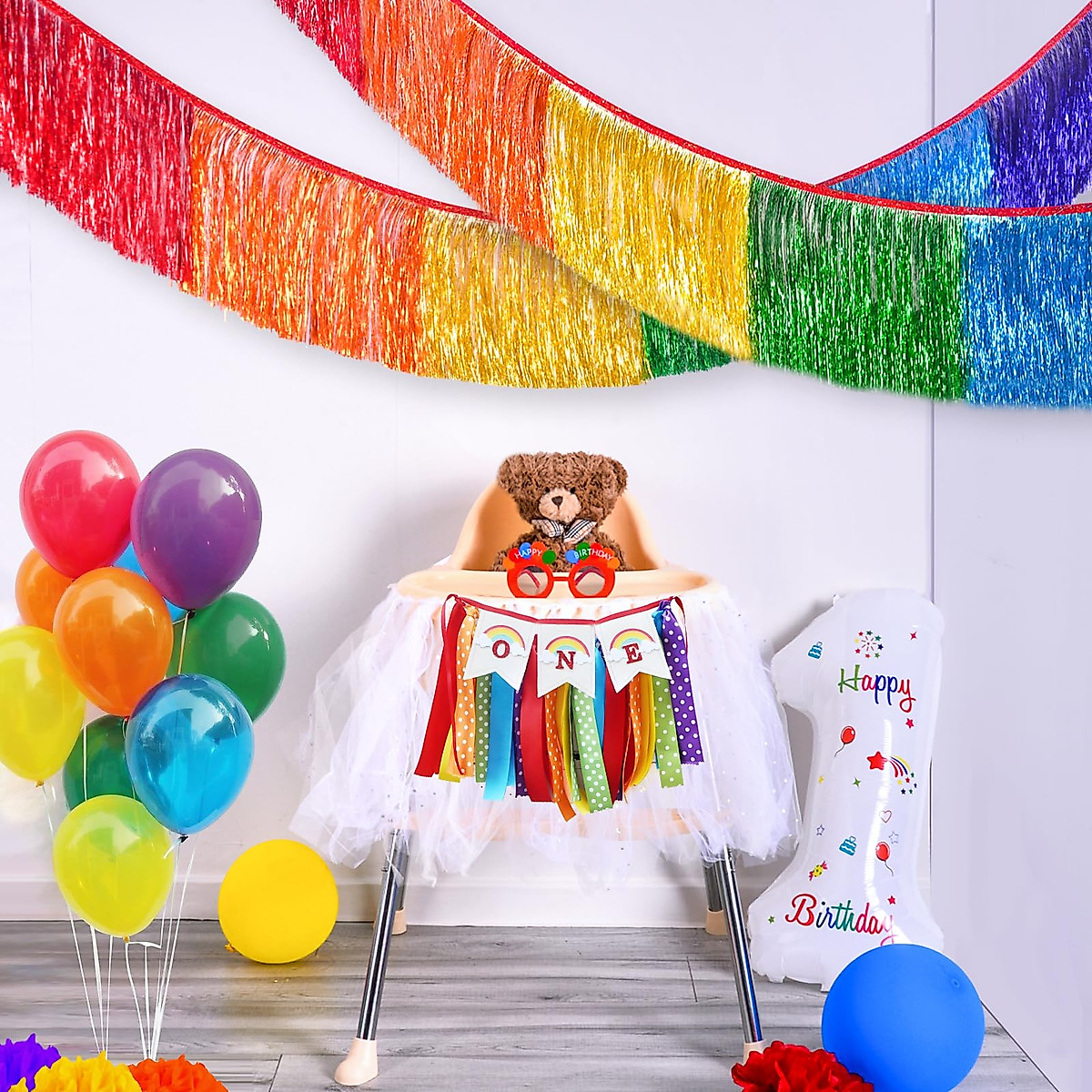 LOLStar Rainbow Foil Fringe Garland Party Decorations, 6 Feet Rainbow Tinsel Metallic Glitter Banner, Hanging Rainbow Table Skirts for Birthday Wedding Christmas Pride Month Parade Floats Decor