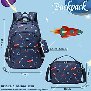 MIRLEWAIY Boys Backpack Purse Set Kids Space Rocket Printed School Bag 15.7 inch Multipocket Bookbag With Insulated Lunch Box And Coin Pouch, Dark Blue Rocket