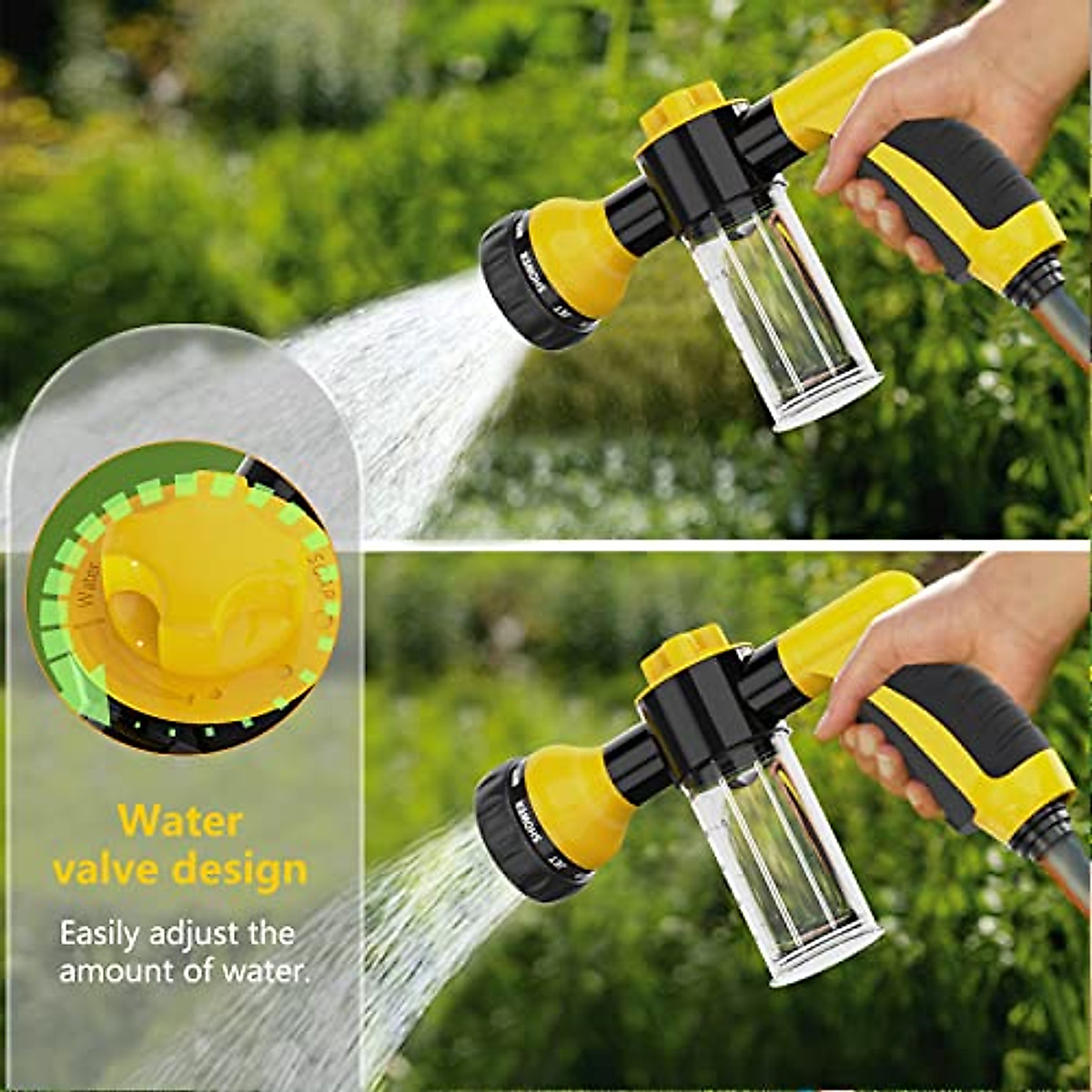 Spray Gun Nozzle, SUMLINK Garden Hose Attachment Spray Gun Nozzle with Reservoir for Soap or Fertiliser (Yellow)