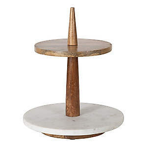 Kate and Laurel Praxis Modern 2-Tier Tray, 12 x 12 x 15, Natural Wood and White Marble, Decorative Farmhouse Serving Tray for Display