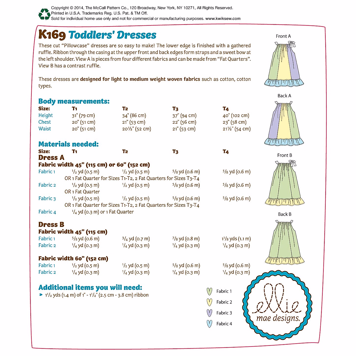 KWIK-SEW PATTERNS K0169 Toddlers' Dresses