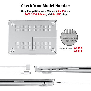 EooCoo Case Compatible with MacBook Air 15 inch 2024 2023 M3 M2 Chip A3114 A2941, Air 15.3" Plastic Hard Case & Keyboard Skin & Camera Cover & Type C Adapter, Crystal Clear