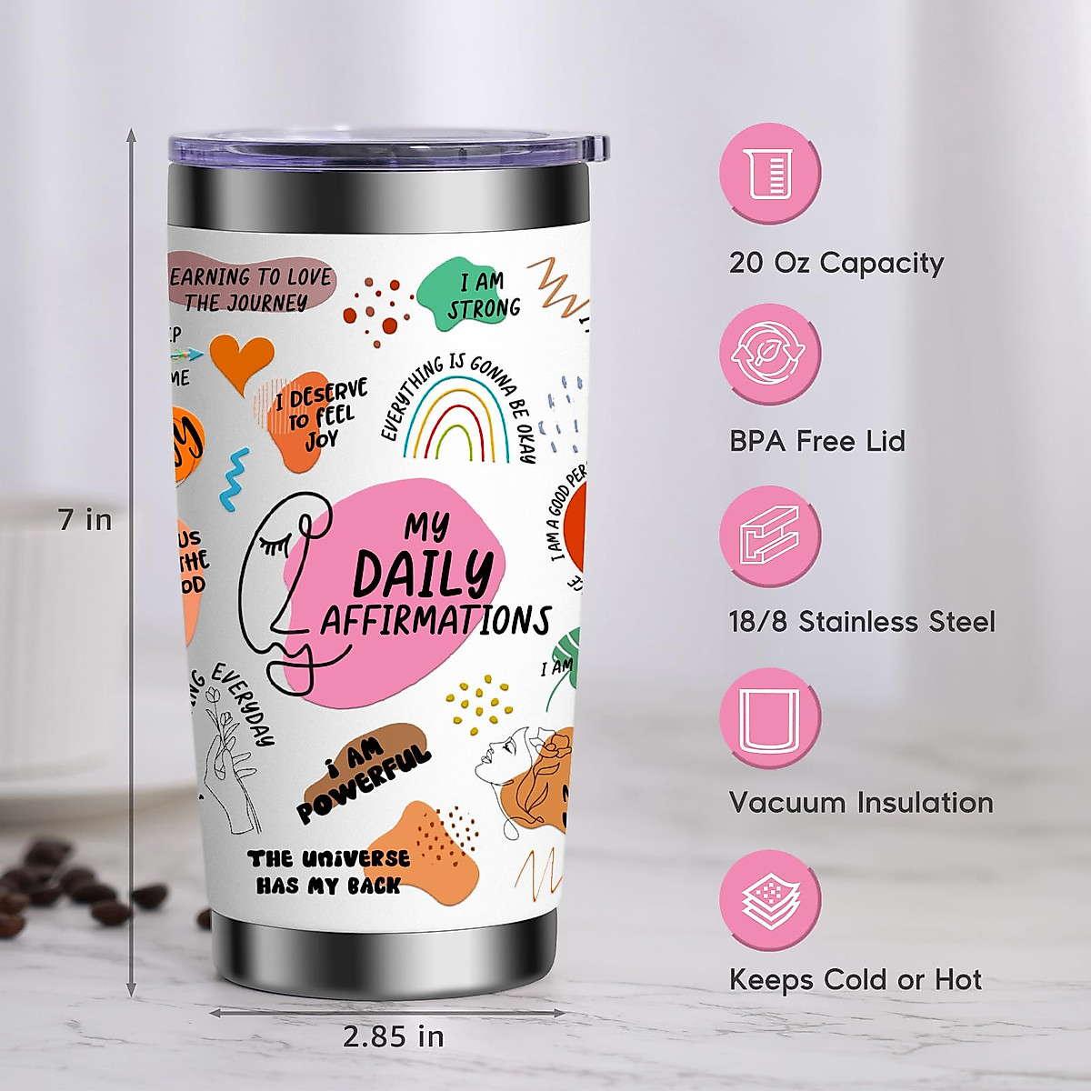 LEADO 20 oz Tumbler, Positive Affirmation Gifts for Women - Daily Affirmations, Mindfulness Gifts, Motivational, Encouragement, Mental Health Gifts - Christmas, Inspirational Gifts for Women