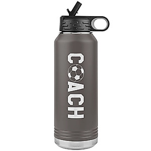 JFWcreations Soccer Coach Water Bottle - 32oz Insulated Engraved Stainless Steel Flip Top With Straw Soccer Coach Gift Pewter