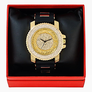 Techno Pave Men's 45mm Iced Out Roman Dial Watch with Silicone Band - Gold Dial