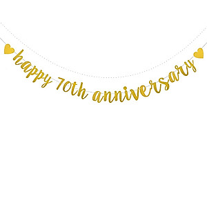 XIAOLUOLY Gold Glitter Happy 70th Anniversary Banner,Pre-Strung,70th Wedding Anniversary Party Decorations Bunting Sign Backdrops,Happy 70th Anniversary