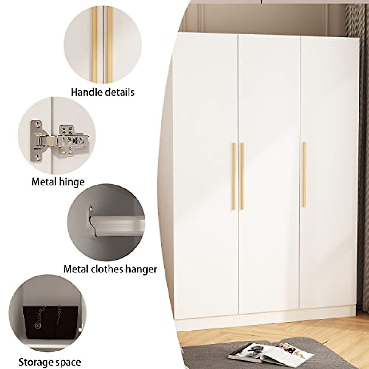 FAMAPY 3 Doors Wardrobe with Shelevs, Armoire Wardrobe Closet with Hanging Rod, Wooden Handles, Armoire Closet for Bedroom White (47.2”W x 18.9”D x 70”H)