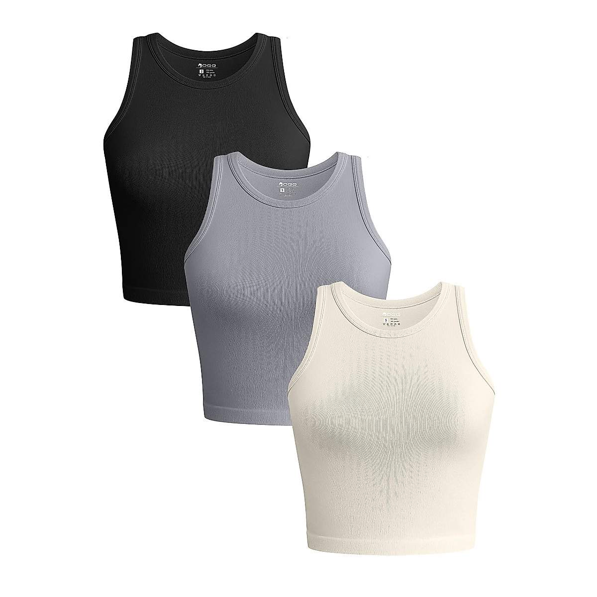 OQQ Women's 3 Piece Tank Tops Ribbed Seamless Yoga Shirts Workout Exercise Racerback Crop Tops Black Grey Beige