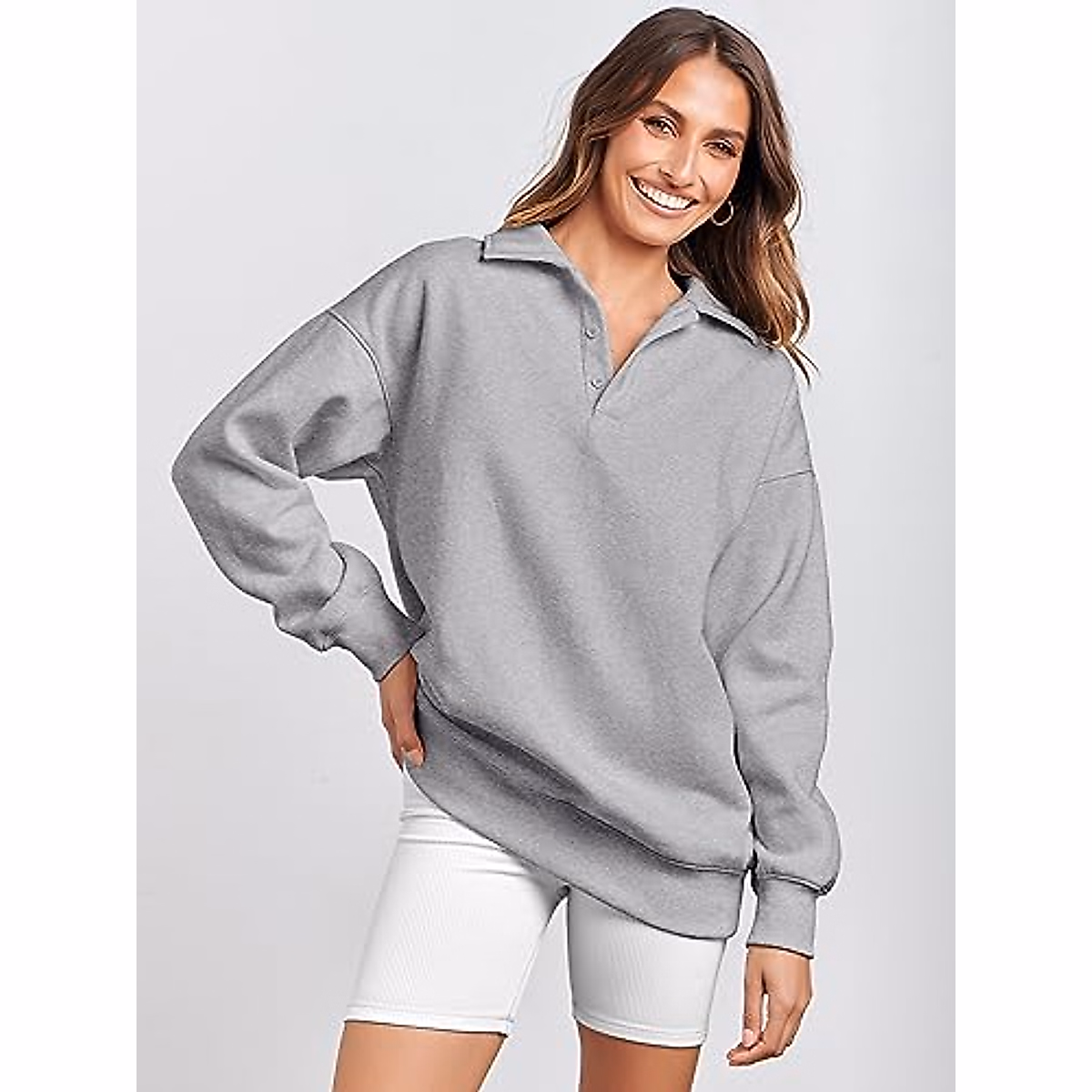 Caracilia Womens Oversized Sweatshirts Fleece Cute Pullover Long Sleeve Dressy Casual Shirts Comfy Hoodie Fall Tops Lightweight Buttons Down Sweatshirt 2023 Fashion Clothes C113A8-huahui-L Grey