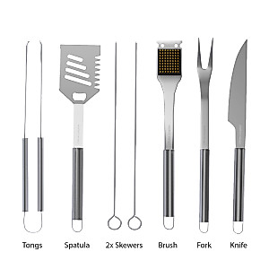 7-Piece Stainless-Steel BBQ Cooking Utensils Set - Barbecue Grill Accessories with Aluminum Portable Handled Storage Case by Home-Complete (Silver)