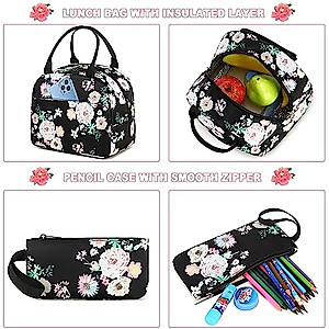 School Backpack Girls Floral Bookbag Teens Water-resistant Schoolbag Kids Insulation Lunch Bag and Pencil Case