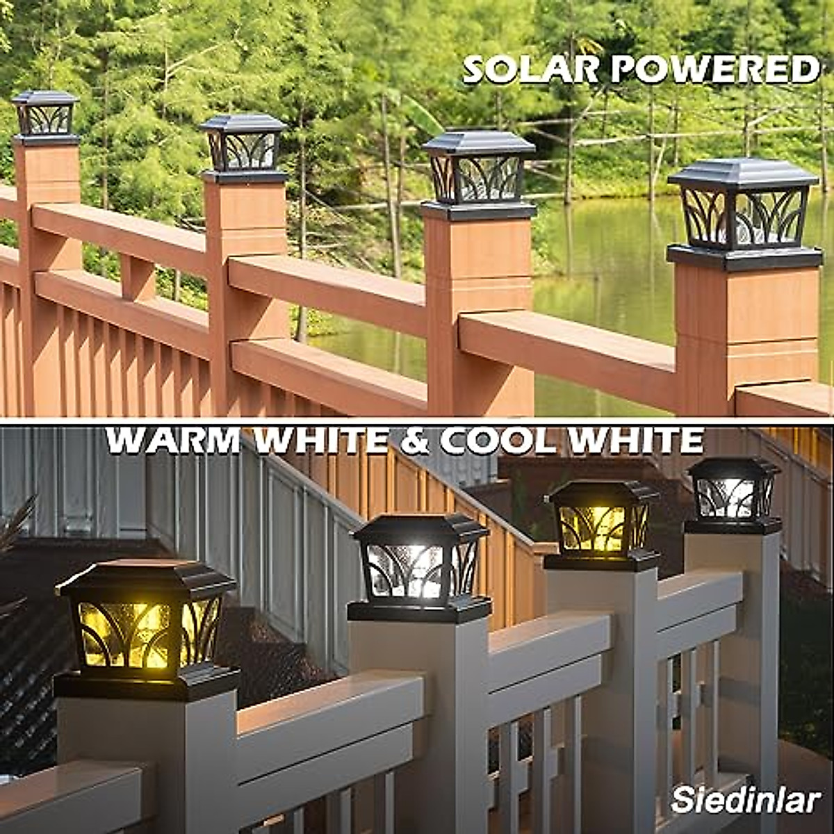 SIEDiNLAR Solar Post Cap Lights Outdoor, Aluminum Glass 2 Modes Edison LED Bulbs for 4x4 5x5 6x6 Vinyl Wooden Posts Deck Fence Patio Decor, Warm White/Cool White Lighting 6 Pack (Black)