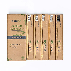 Bamboo Toothbrushes Medium Bristles 5-Pack – 4 White Wooden Toothbrushes, 1 Black Charcoal Toothbrush – Biodegradable Natural Eco Friendly
