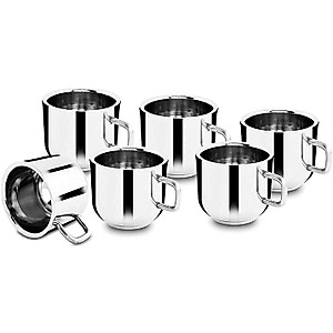 WhopperIndia Coffee Cup Espresso Cup Mug Set of 6 Double Wall Stainless Steel Tea Cups, Reusable & Dishwasher Safe