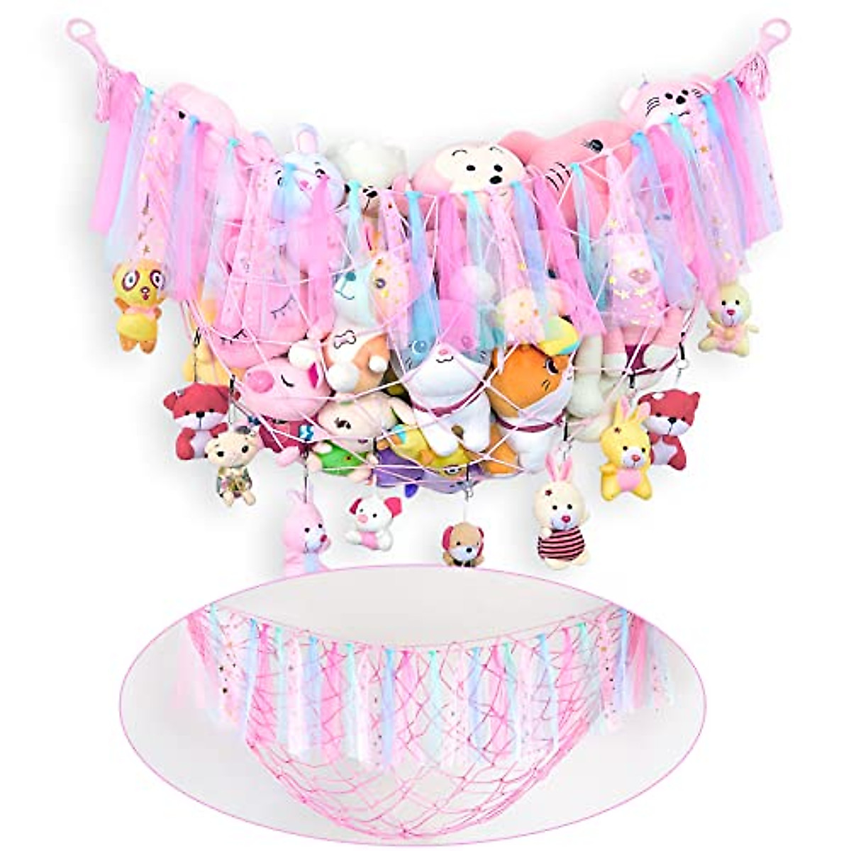 Basumee Stuffed Animals Net Or Hammock Wall Mounted Stuffed Animals Storage Display Plush Toy Storage With Tassels For Nursery Playroom Kids Room Decor