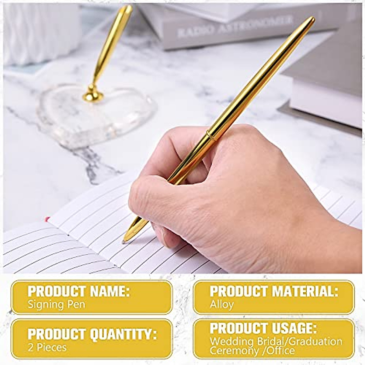 Outus 2 Pieces Acrylic Heart Pen Holder Signing Pen Set Hollow Round Pen Holder Stand for Wedding Bridal Engagement Guests Book Graduation Ceremony Valentine's Day Favor (Gold Heart Style)