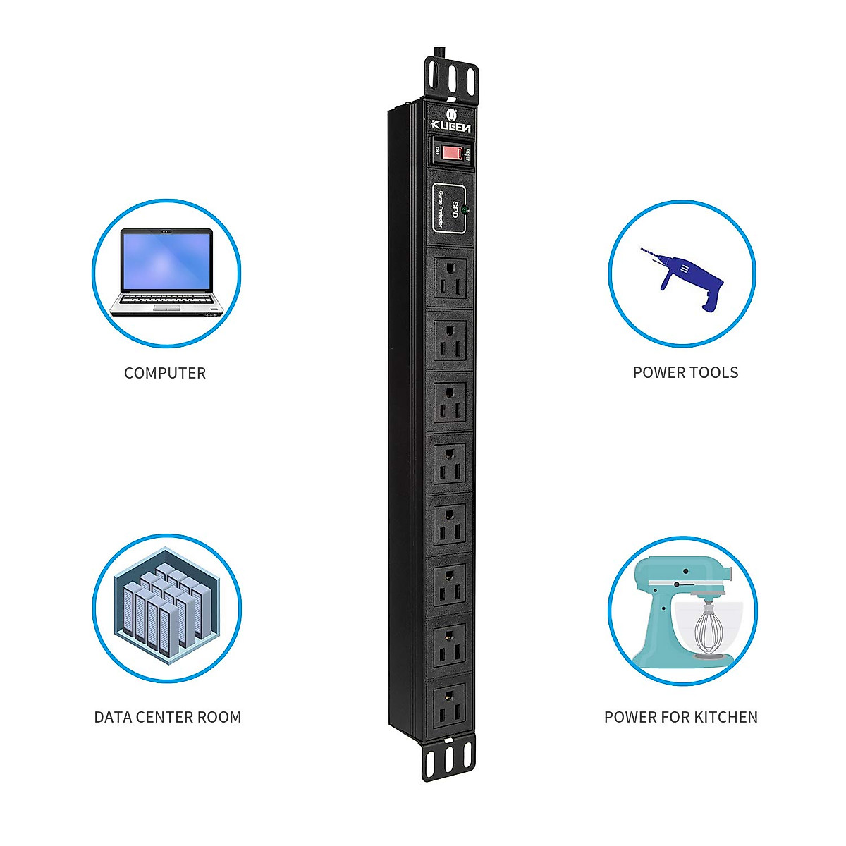 KUEEN 19" 1U Rack Mount PDU Power Strips,Server Rack Power Distribution Unit, 8 Power outlets,16AWG SJT 6.6ft Cord,1U/15A/125V, Aluminum Alloy with Surge Protector and Circuit Breaker on/Off Switch