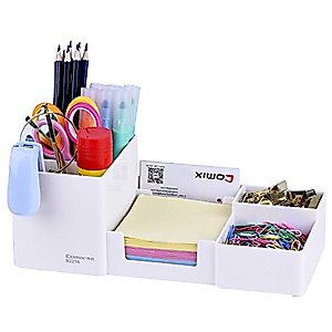 Comix Desk Organizer with Pen Holder Sticky Note Tray Paperclip Storage, Office Accessories Caddy, Office Stationery Supply Organizers, 6 Compartments Pencil Holder, White