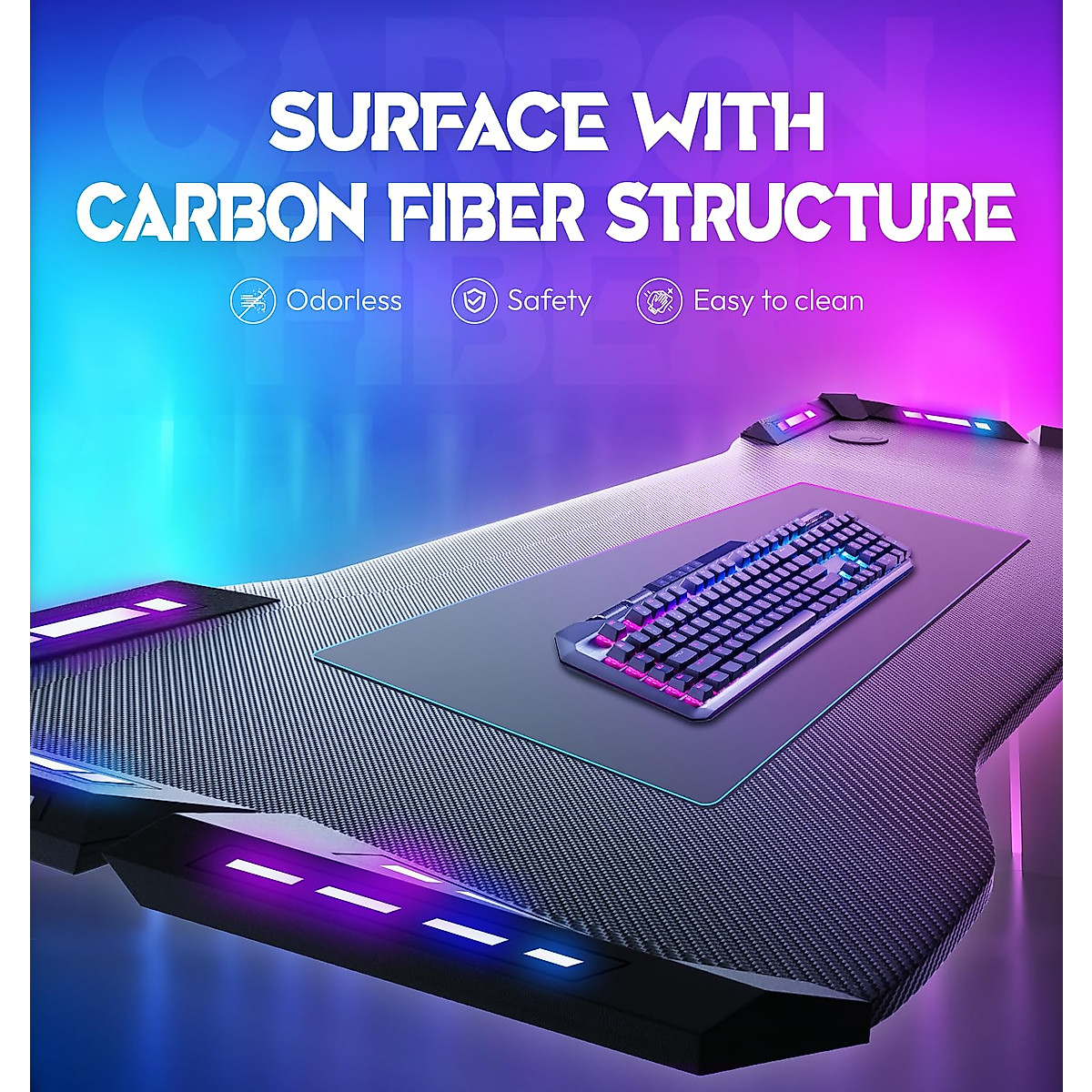 Dowinx Gaming Desk with LED Lights, RGB Gaming Computer Table with Carbon Fibre Surface, LED Home Office Desk with Remote Control, Pc Workstation with Cup Holder and Headphone Hook, Black