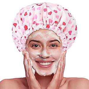 Shower Cap for Women Terry Lined Bath Cap Large Reusable Waterproof Elastic Band Pink Shower Caps for Long Thick Hair Soft Bath Shower Hair Caps