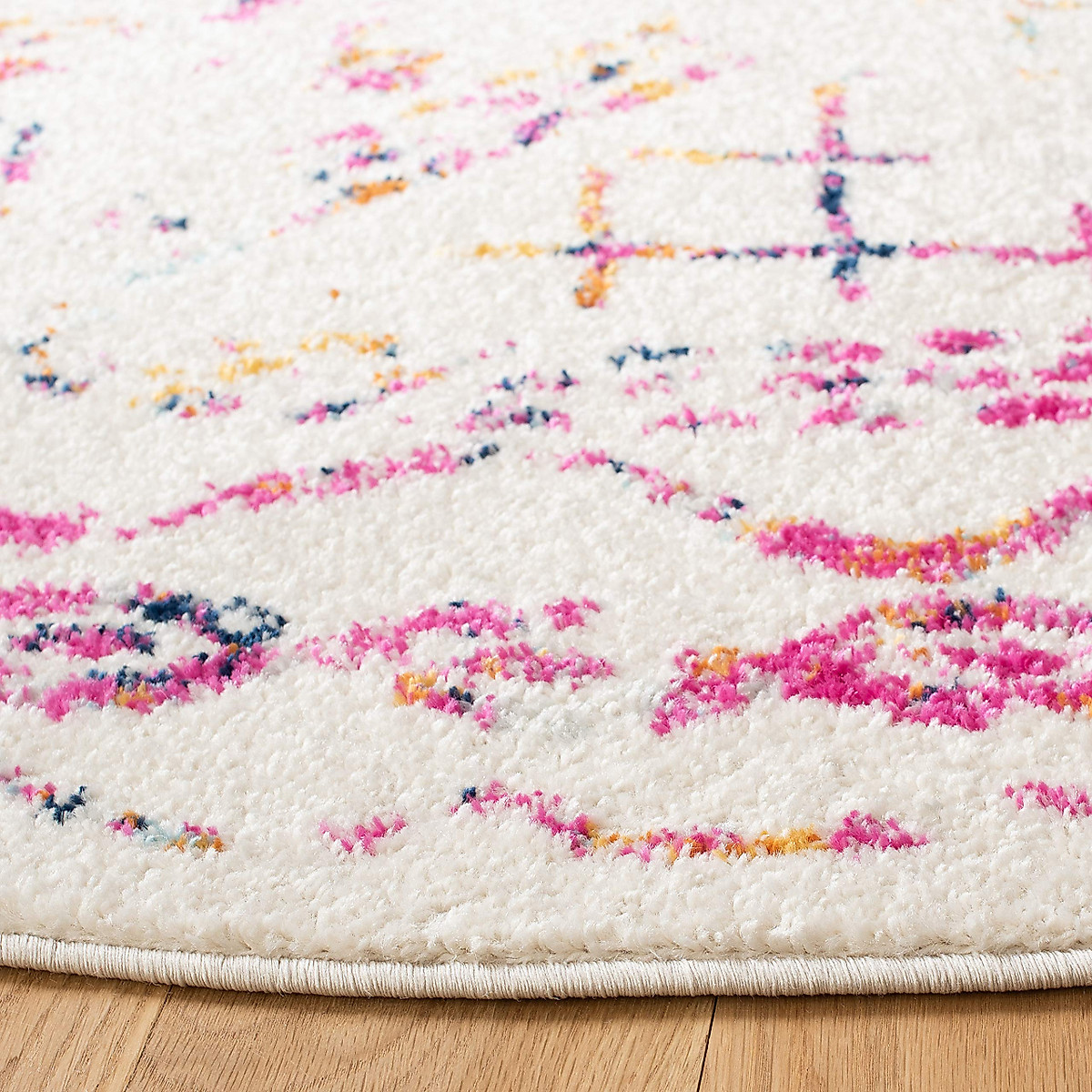 SAFAVIEH Tulum Collection 6'7" Round Ivory / Fuchsia TUL268E Moroccan Boho Distressed Non-Shedding Dining Room Entryway Foyer Living Room Bedroom Area Rug