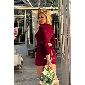 GOBLES Womens Sexy Velvet Long Sleeve Bodycon Elegant Mini Party Dress Wine Red