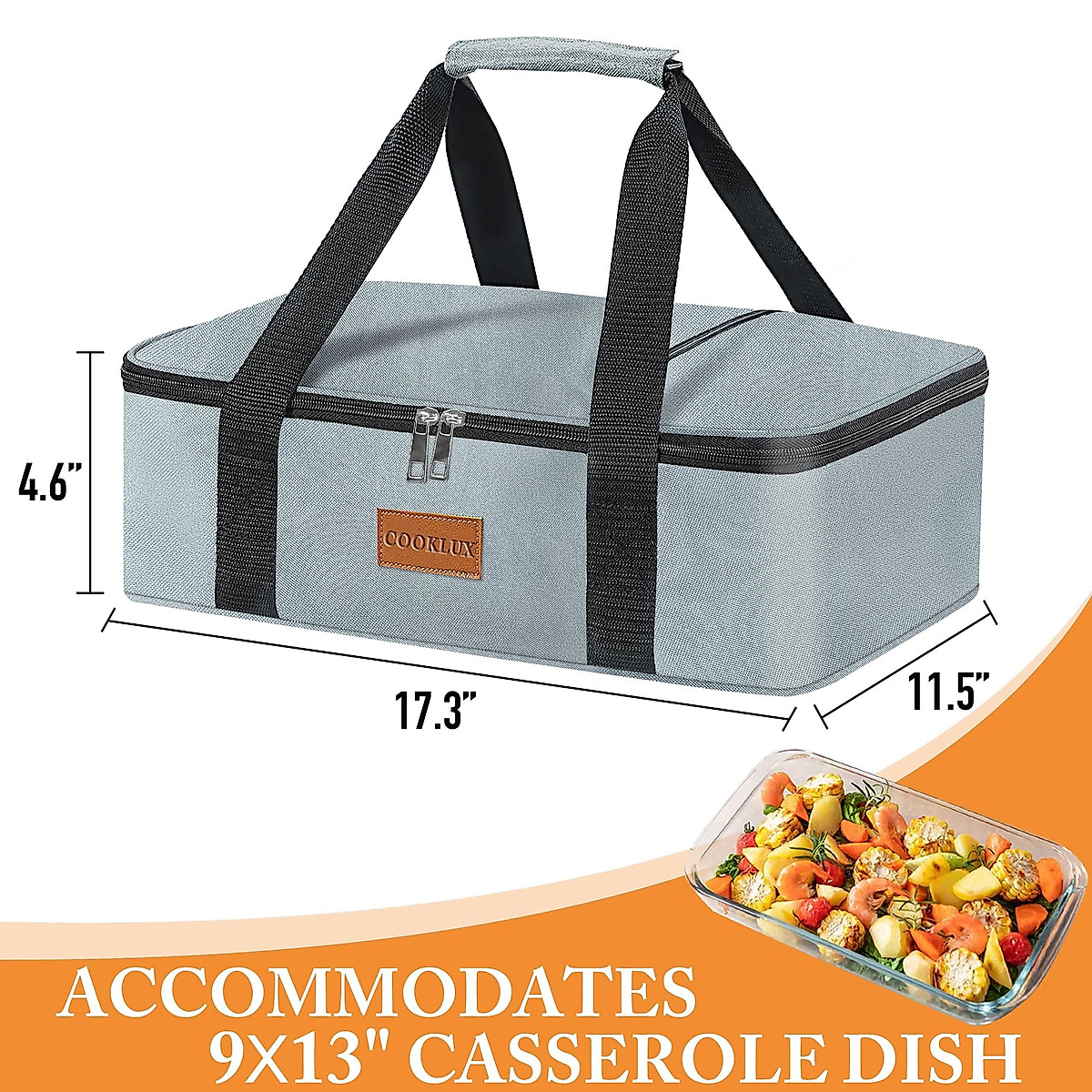 Cooklux Insulated Casserole Carrier - Single Layer Design, Food Warmer Bag for Hot&Cold Food Travel, Fits 9x13 Casserole Dish, Leak-Proof, Durable Nylon, Zip Pockets, Grey
