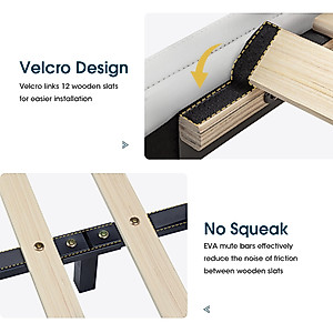 WEEWAY Modern Queen Size Upholstered Platform Bed Frame, Faux Leather Sleigh Bed with Adjustable Headboard, Strong Wood Slats Support, No Box Spring Needed, White