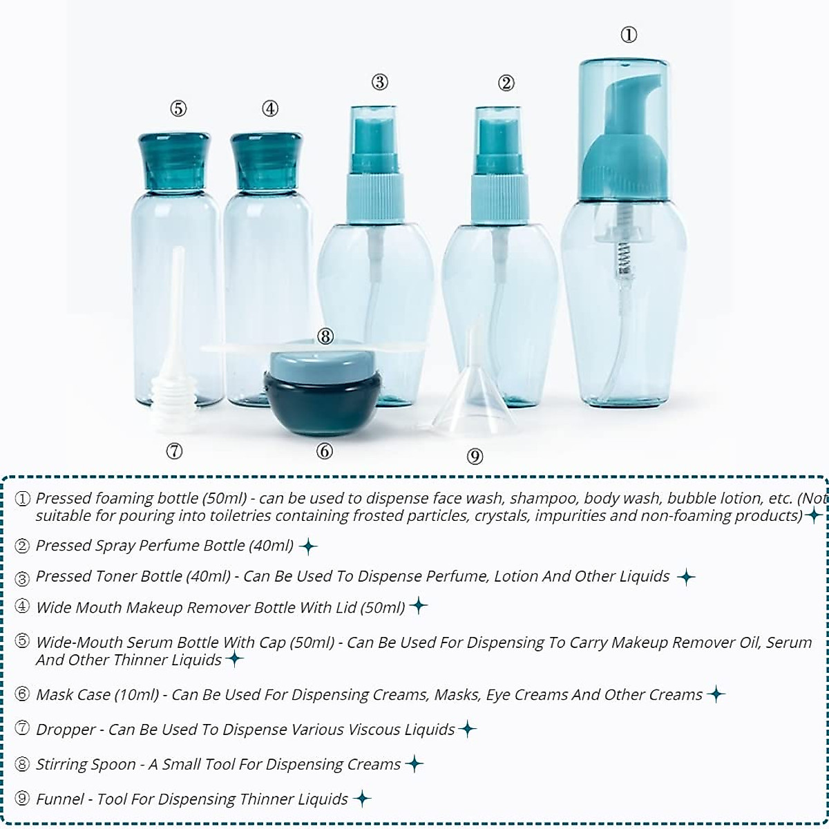 Travel Bottles for Toiletries Containers,9 PCS Leak Proof Squeezable Refillable Travel Accessories Conditioner Bottles for Airplane Travel Essentials Vacation Cruise Accessories Must Haves