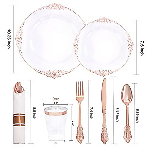 Nervure 350PCS Rose Gold Plastic Plates - Clear Rose Gold Disposable Plates for 50Guests - 50Dinner Plates, 50Dessert Plates, 150Rose Gold Silverware, 50Cups, 50Rolled Napkins for Wedding & Party