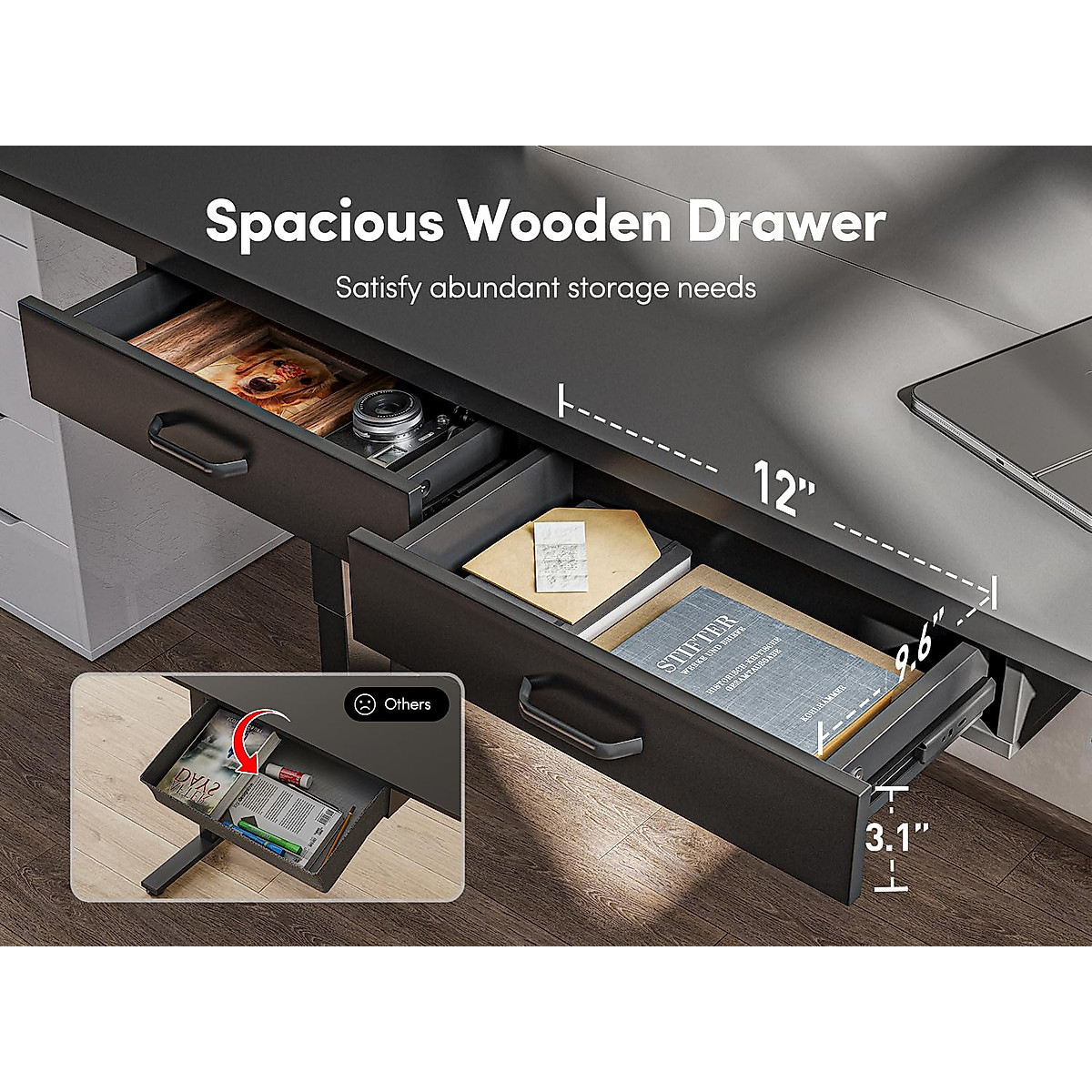 FEZIBO Adjustable Height Electric Standing Desk with Double Drawer, 48 x 24 Inches Stand Up Home Office Desk with Splice Tabletop, Black Frame/Black Top