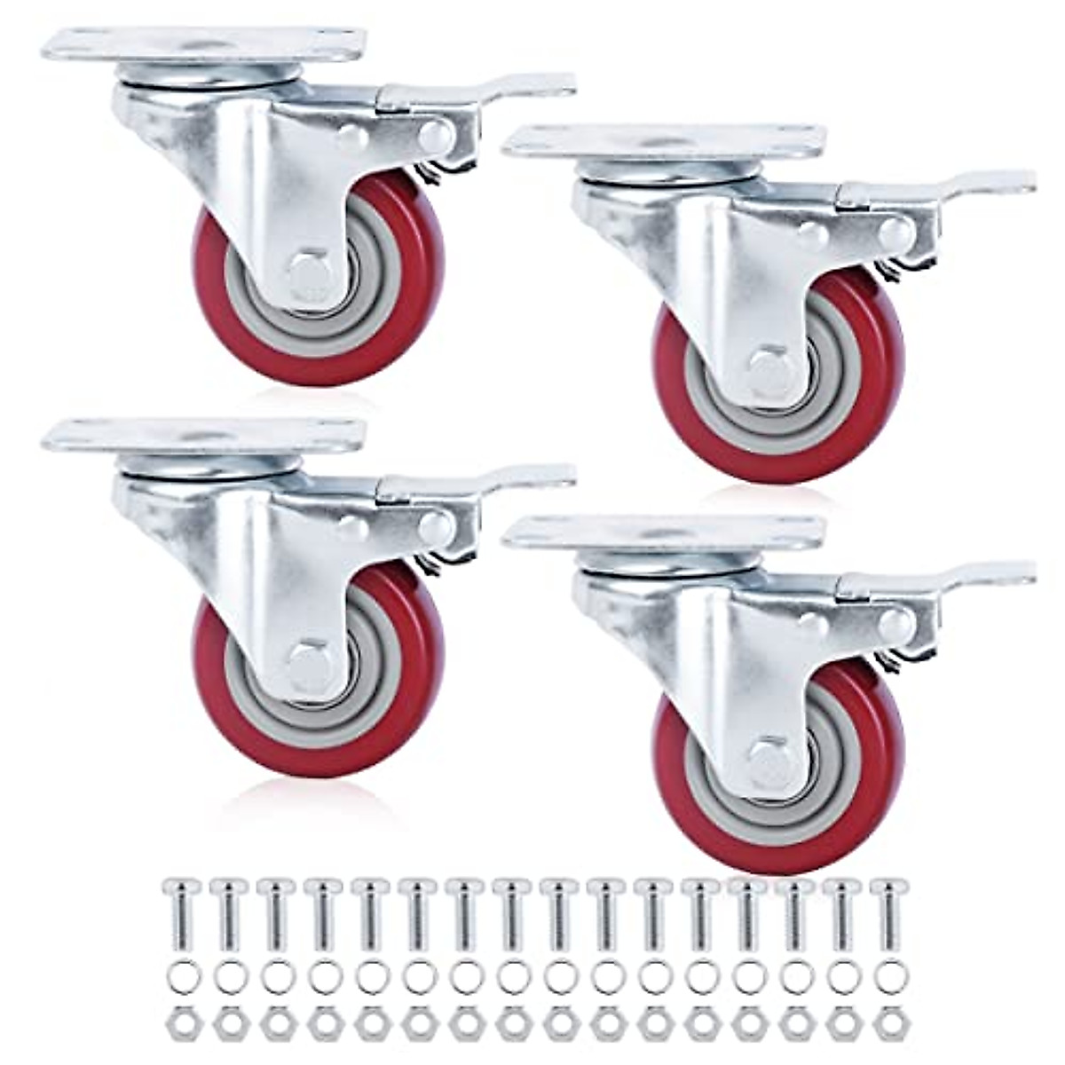 Finnhomy 4 Inch Caster Wheels Set of 4 with Brake Heavy Duty Plate Swivel Casters Premium Polyurethane Wheels PU Load Bearing 2,000 Lbs Lockable Anti-wear Smooth Casters Red (Free Screws)