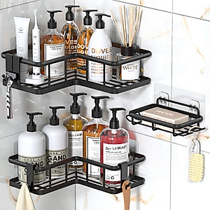 YASONIC 2024 New Corner Shower Caddy, 3-Pack Shower Organizer Corner with Soap Holder and 4 Removable Hooks, Rustproof Corner Shower Shelves, No Drilling Shower Shelf for Inside Shower, Black