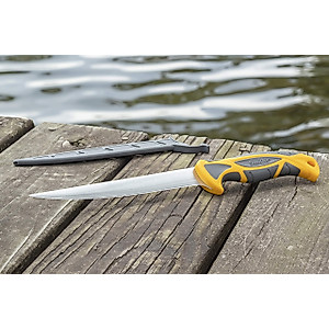 Smith’s 51055 RegalRiver 7-Inch Fillet Knife – Yellow & Grey – Stainless Steel Blade – TPE Soft Grip Handle – Durable Plastic Sheath – Lanyard Hole – Freshwater Fishing Knife – Fish Cleaning Knife