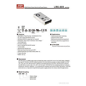 Mean Well LRS-600-36 597.6W Single Output Switching Power Supply LRS-600 36V/16.6A