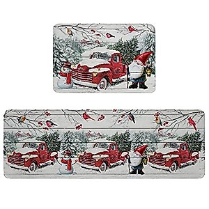 Kitchen Mat Rug Set of 2 Christmas Red Truck Gnome Snowman Xmas Tree Bird Winter Snowy Runner Rug Anti-Fatigue Comfort Memory Foam Standing Mat Non-Slip Floor Door Mat for Bedroom 20x32in+20x63in