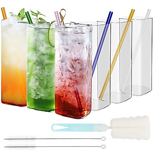 UHAPEER 6 Pack Square Drinking Glasses with Straws, 500ml/17oz Lead-Free Crystal Clear Glass Bar Glassware Glasses Tumblers, Thin Highball Glasses Drinking Cups for Coffee Tea Beer Cocktail Smoothie