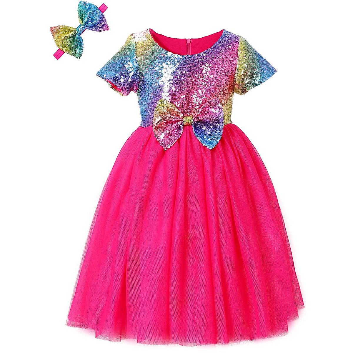 Cilucu Flower Girls Dresses Toddlers Sequin Tutu Dress for Big Girls Pegeant Party Kids Birthday Dress for Wedding Princess Dress Christmas Halloween Dress Rainbow Hot Pink 7-8 Years Old