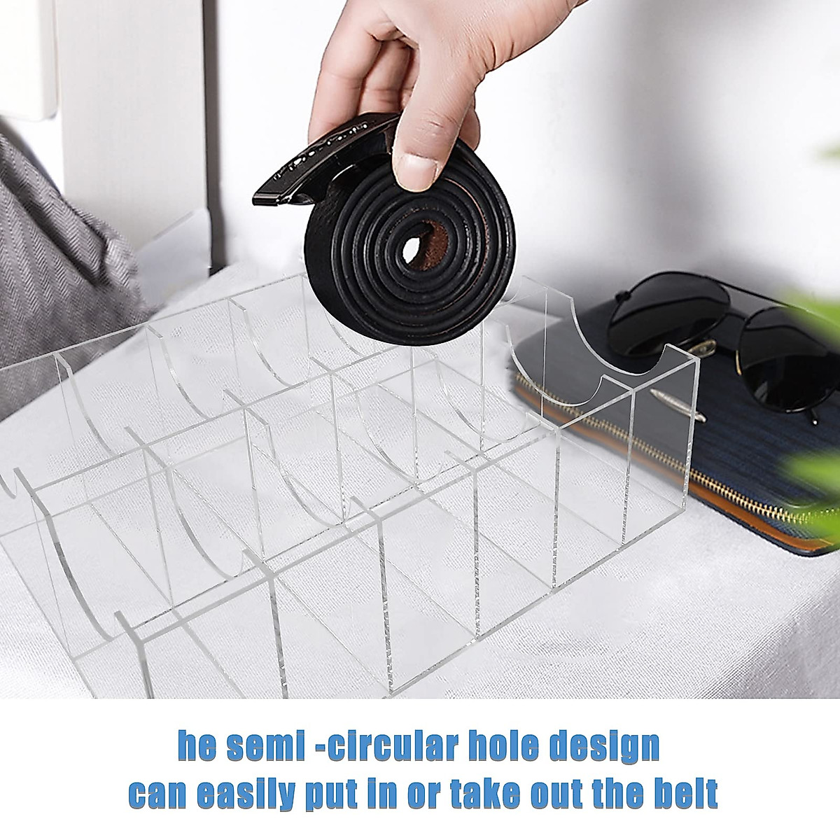 Hlimior Belt Organizer, Acrylic 12 Compartments Belt Container Storage Holder, Acrylic Belt Display Storage Box, Clear Belt Display Case for Closet Tie and Bow Watch Jewelry Bracelets Ring Cosmetic…