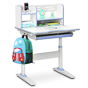 Costzon Kids Desk, Height Adjustable Children Study Desk w/Tilt Desktop, Storage Drawer, Book Shelf, Metal Hook, Writable Tabletop for Writing, Painting, Reading, Multifunctional Student Desk, Blue