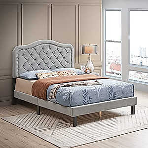 HAUSHECK Queen Size Platform Bed Frame, Velvet Curved Upholstered Bed Frames with Nailhead Trim Headboard, Bedframe for Kids, Teen & Adults, Wooden Slats Support, No Box Spring Needed