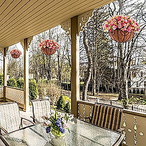 Maybox Artificial Hanging Basket with Flowers for Garden Eave Patio Lawn Decor 49Pcs Fake Daisy Bunches in 11.8 inches Metal Planter with Coco Coir Liner