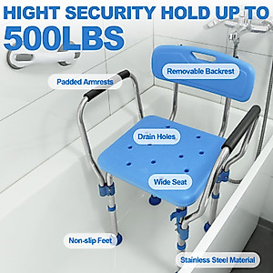 UGarden Upgraded Stainless Steel Shower Chair with T-Shaped Wide Back, 400LB Safety Shower Chair for Inside Shower, Anti Slip Adjustable Bath Chair Blue, Shower Seat for Bathtub for Seniors/Disabled