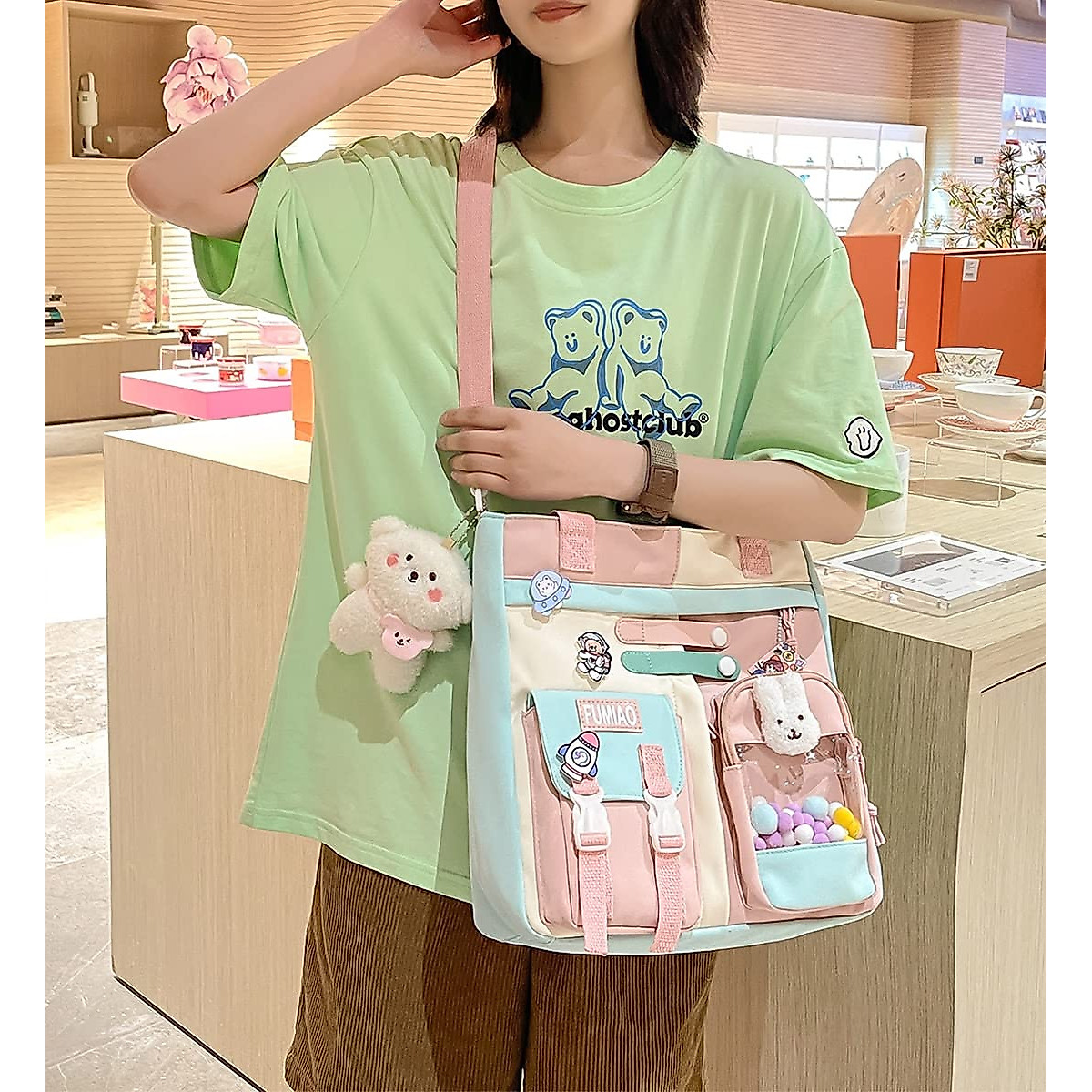 Aesthetic Messenger Bag with Kawaii Pins and Pendant for Women Cute Crossbody Bag Shoulder Tote Bag Casual Handbag(Pink &Green, One Size)