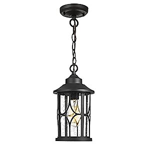 zeyu Outdoor Pendant Light for Porch - 12 Inch Farmhouse Exterior Hanging Lantern with Seeded Glass, Black Finish, ZX48H BK