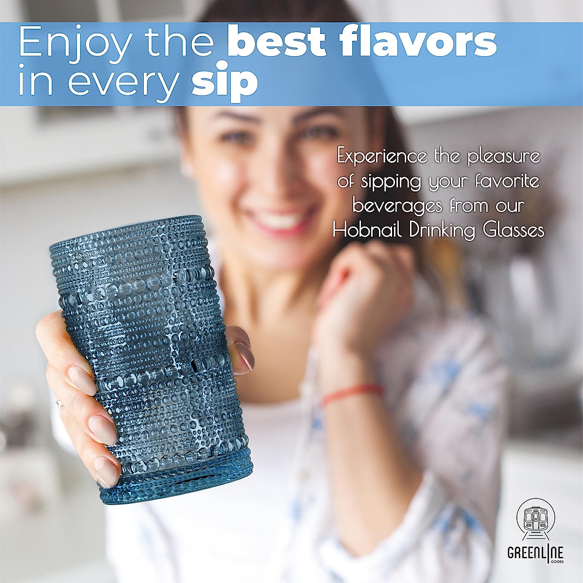 Greenline Goods Hobnail Drinking Glasses - Blue 12 oz Thick Modern Kitchen Glassware Set - Unique Vintage Bubble Cocktails Or Modern Bar - Set of 4 - Old Fashioned Beverage Glasses For Tabletop