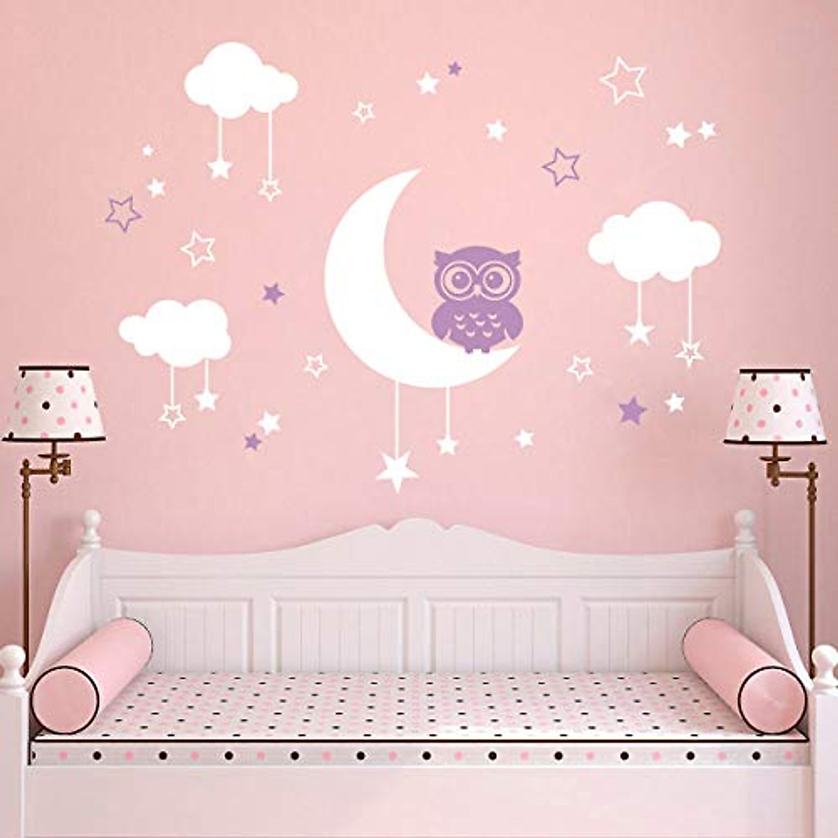 Nursery Wall Decals, Cute Owl Wall Decal, Kids Room Decal, Moon and Stars Decal, Nursery Decor, Cloud Wall Decals, Vinyl Stickers for Kids Baby Girls Boys Bedroom(Y19) (White,Purple)