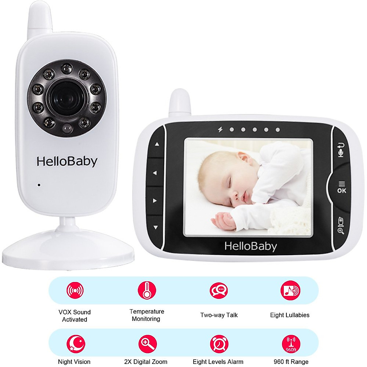 HelloBaby 3.2 Inch Video Baby Monitor with Night Vision & Temperature Sensor, Two Way Talkback System