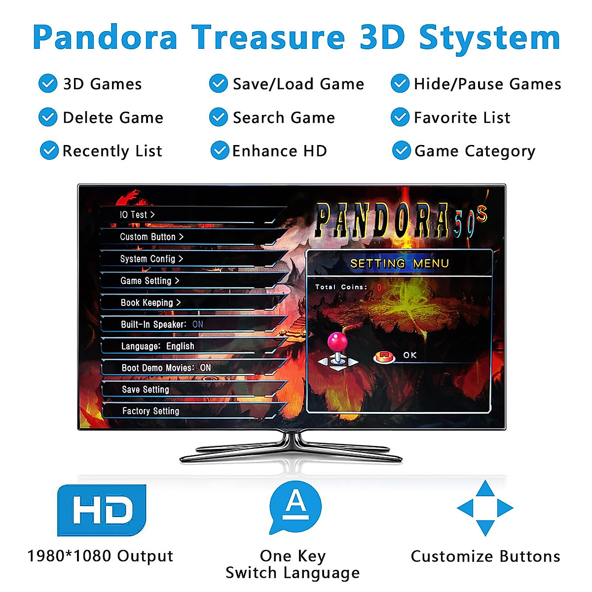 FVBADE [30000 Games in 1 70S Pandora Box Arcade Game Console Compatible PC & Projector & TV,3D Games 1-4 Players Double Joystick Favorite List Game Category Save/Search/Hide/Pause/Delete Games.