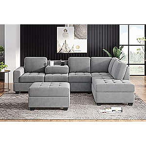 Eafurn Velvet Upholstery Convertible Sectional Sofa with Reversible Chaise, L Shaped Corner Couch with Storage Ottoman and 2 Cup Holders,Button Tufted 6 Seater Sofabed for Living Room Furniture Sets